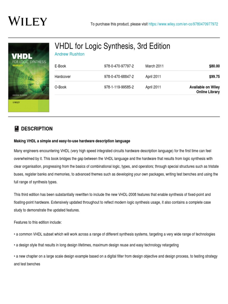 Wiley Vhdl For Logic Synthesis 3rd Edition 978 0 470 97797 2 Pdf Logic Synthesis Vhdl