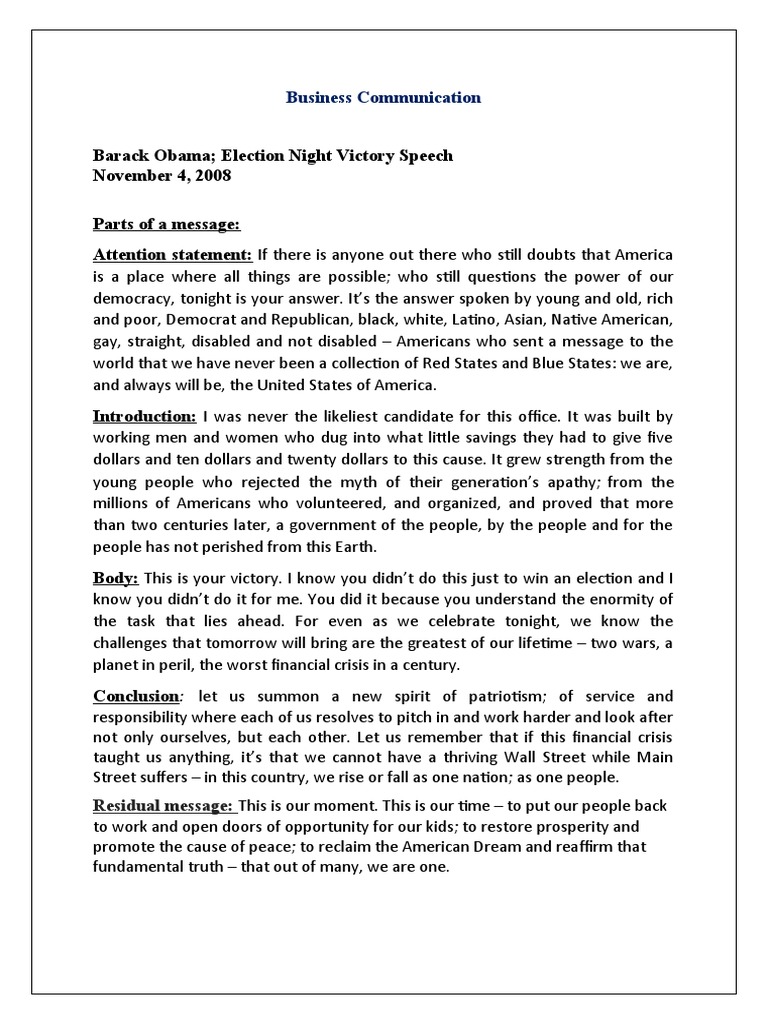 Barack Obama Election Night Victory Speech Business Communication | PDF ...