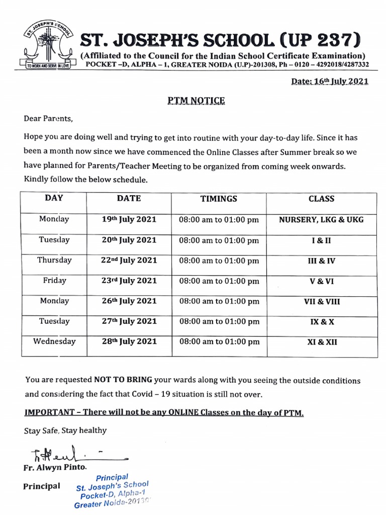 PTM NOTICE (PARENTS) 16th July 2021 | PDF