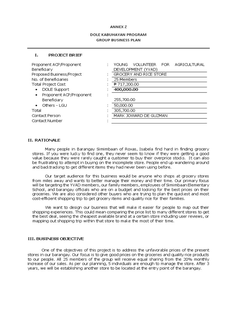 Annex Z Dole Kabuhayan Program Group Business Plan: I. Project Brief ...