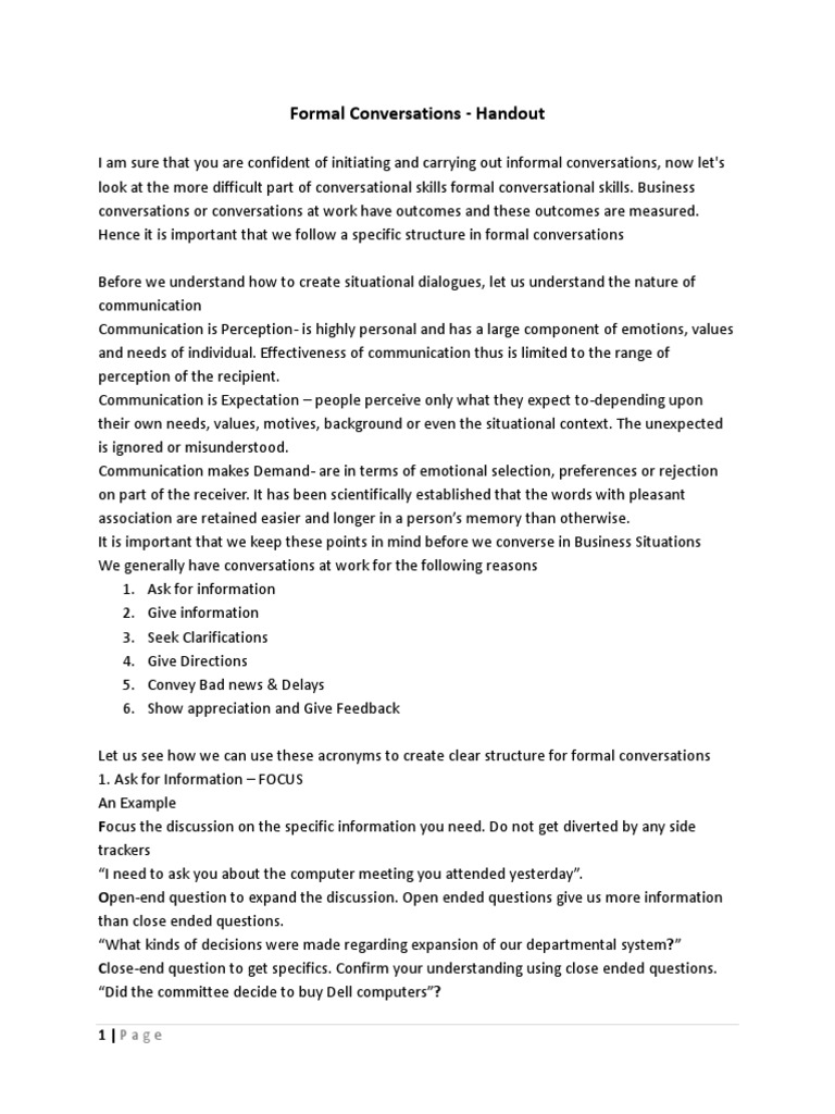 Formal Conversations - Handout | PDF | Conversation | Information