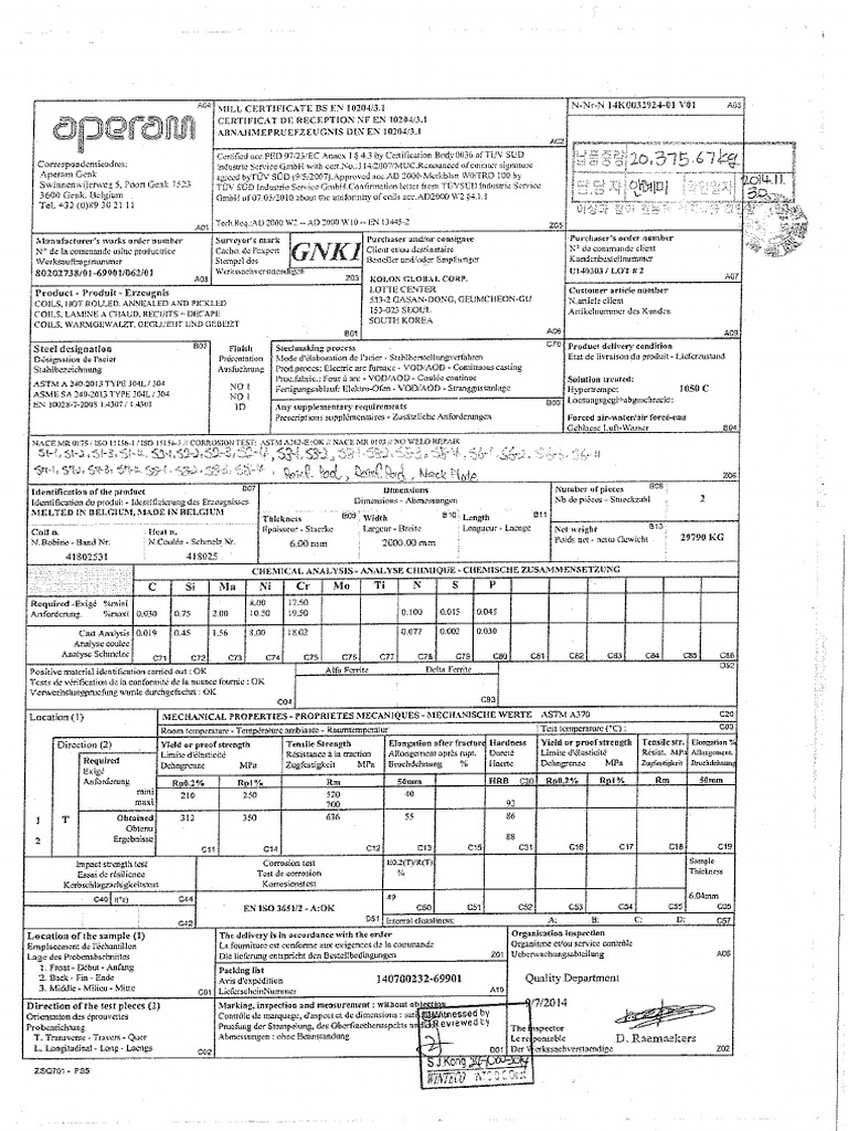 Mill Certificate For WTC-OSBL-001 - A240-304 | PDF