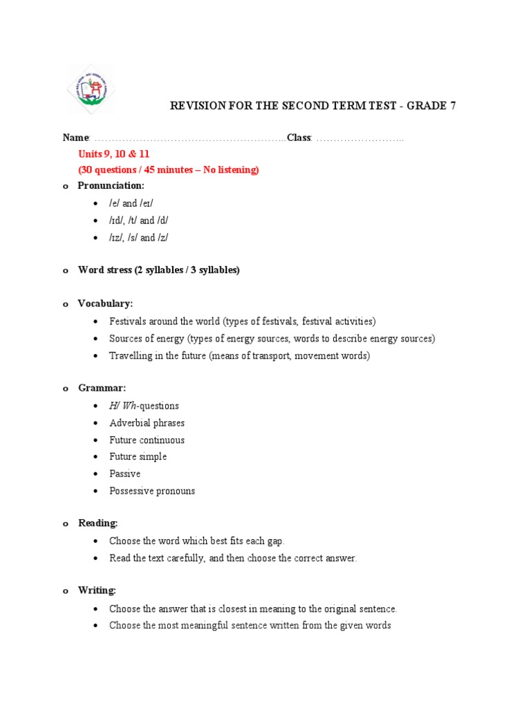 Grade 7 Second Term Test Revision | PDF | Solar Energy | Solar Cell