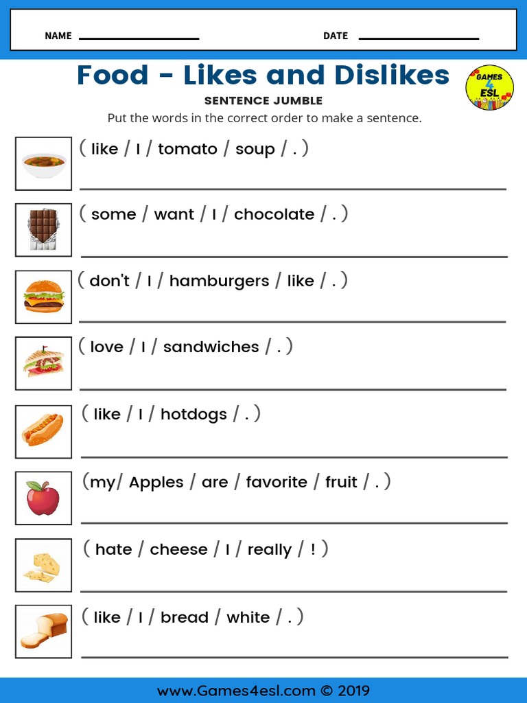 Food Worksheet Sentence Jumble | PDF