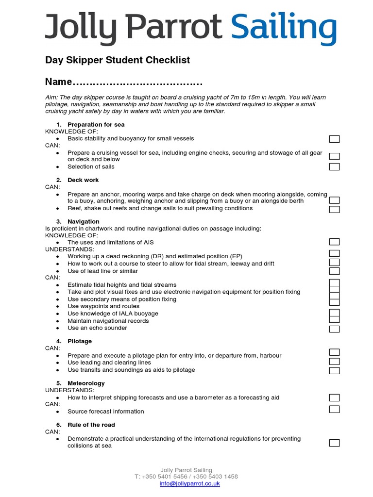 Day Skipper Student Checklist Name : 1. Preparation For Sea | PDF ...