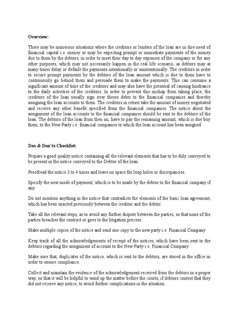Account Assignment, Notice To Debtor | PDF | Debtor | Loans