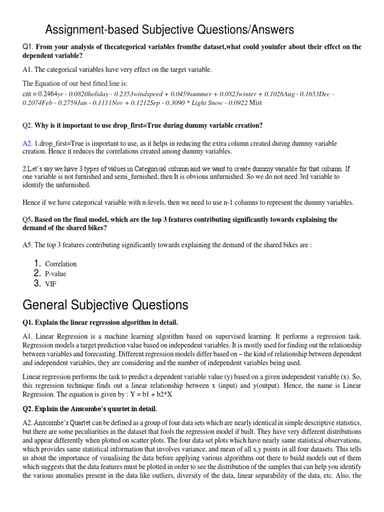 Assignment-Based Subjective Questions/Answers | PDF | Correlation And Dependence | Regression ...
