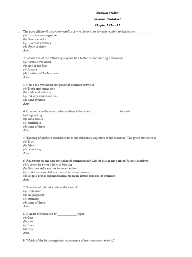 Business Studies Revision Worksheet Chapter 1 Class 11 | PDF | Finance ...