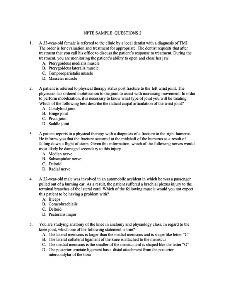 NPTE Sample Questions and Answers | PDF | Anatomical Terms Of Motion ...