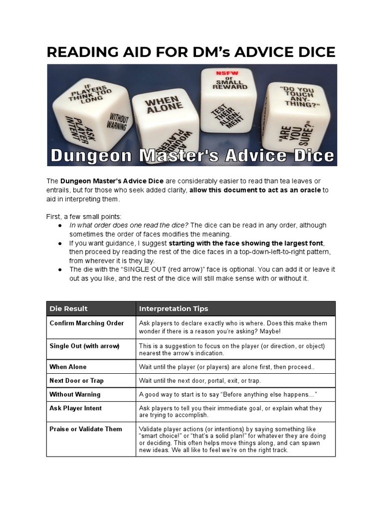 Reading Aid For DM'S Advice Dice: Die Result Interpretation Tips | PDF