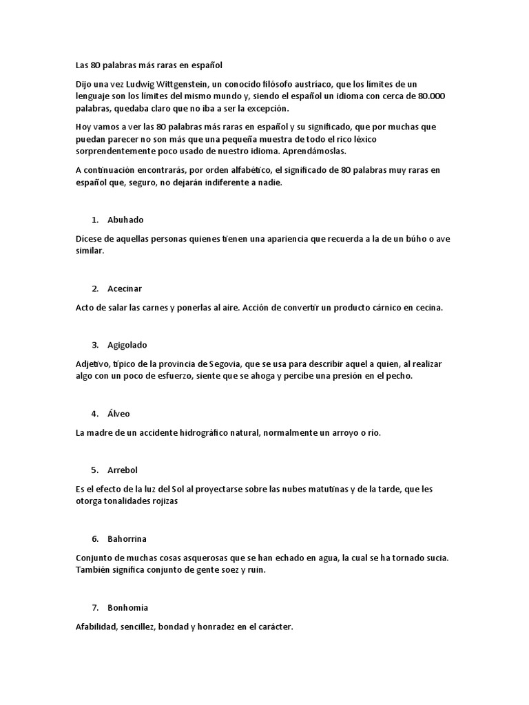 Las 80 Palabras Más Raras en Español | PDF | Idiomas | Naturaleza
