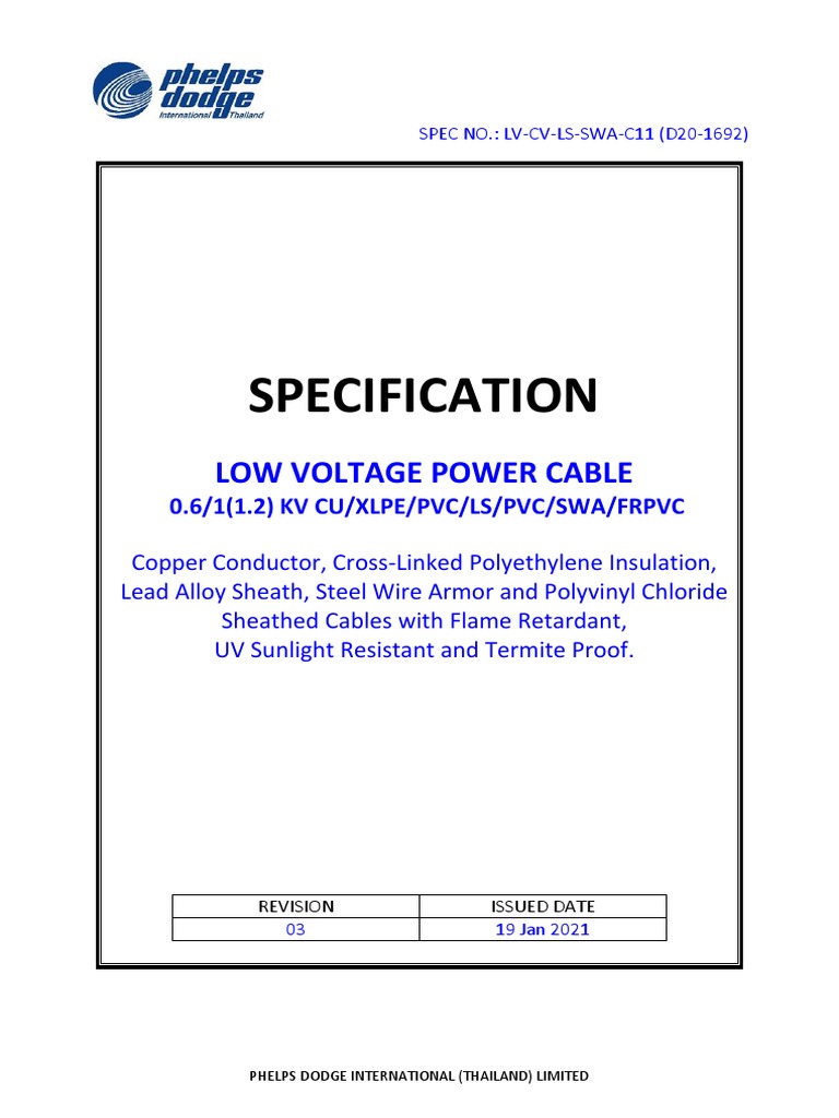 Specification for Low Voltage Power Cables with Copper Conductor, XLPE ...