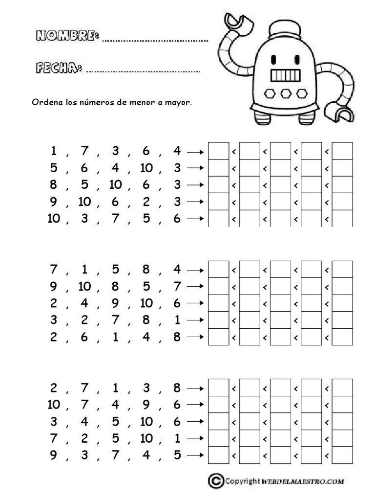 Actividades para ordenar números del 1 al 10 | PDF
