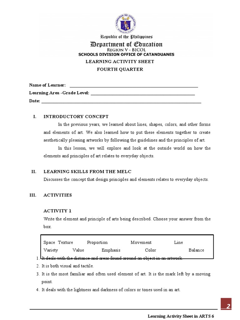 Learning Activity Sheet in ARTS 6 | PDF | Vision | Mental Processes