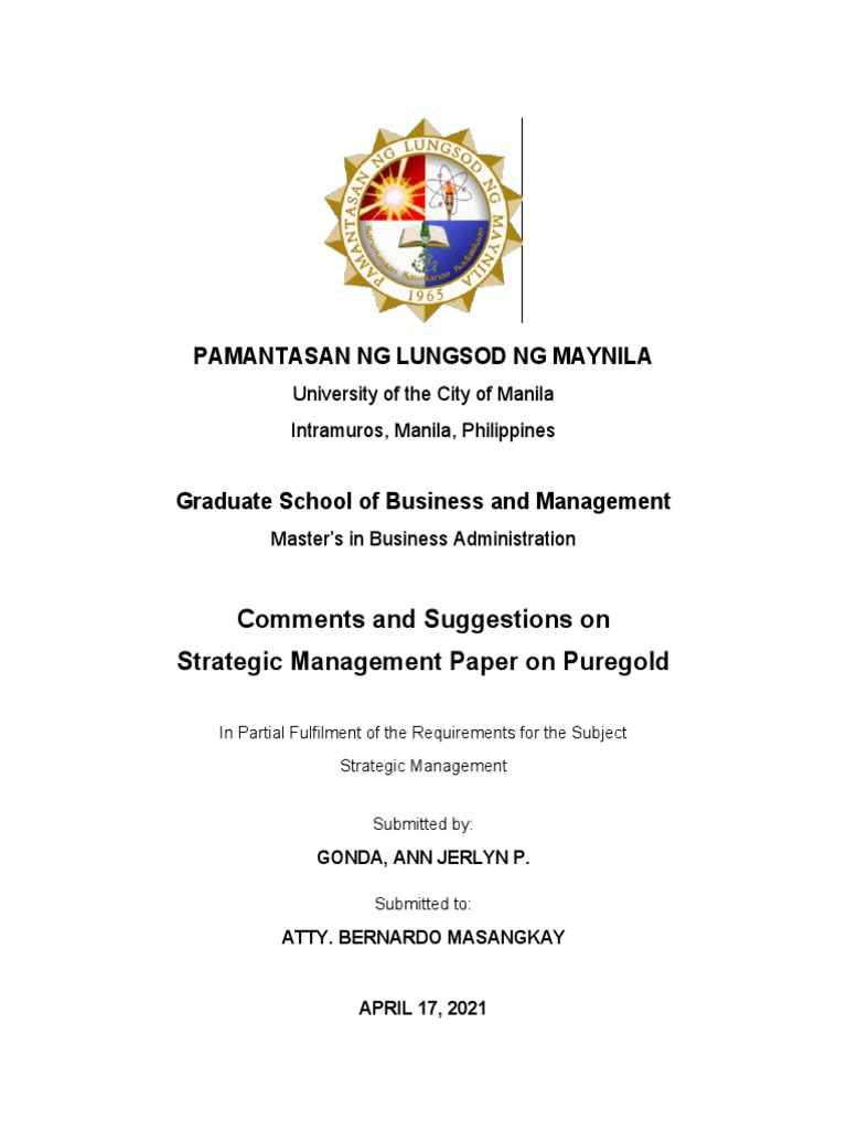 Strategic Management Paper (Puregold) - GONDA, ANN JERLYN | PDF ...