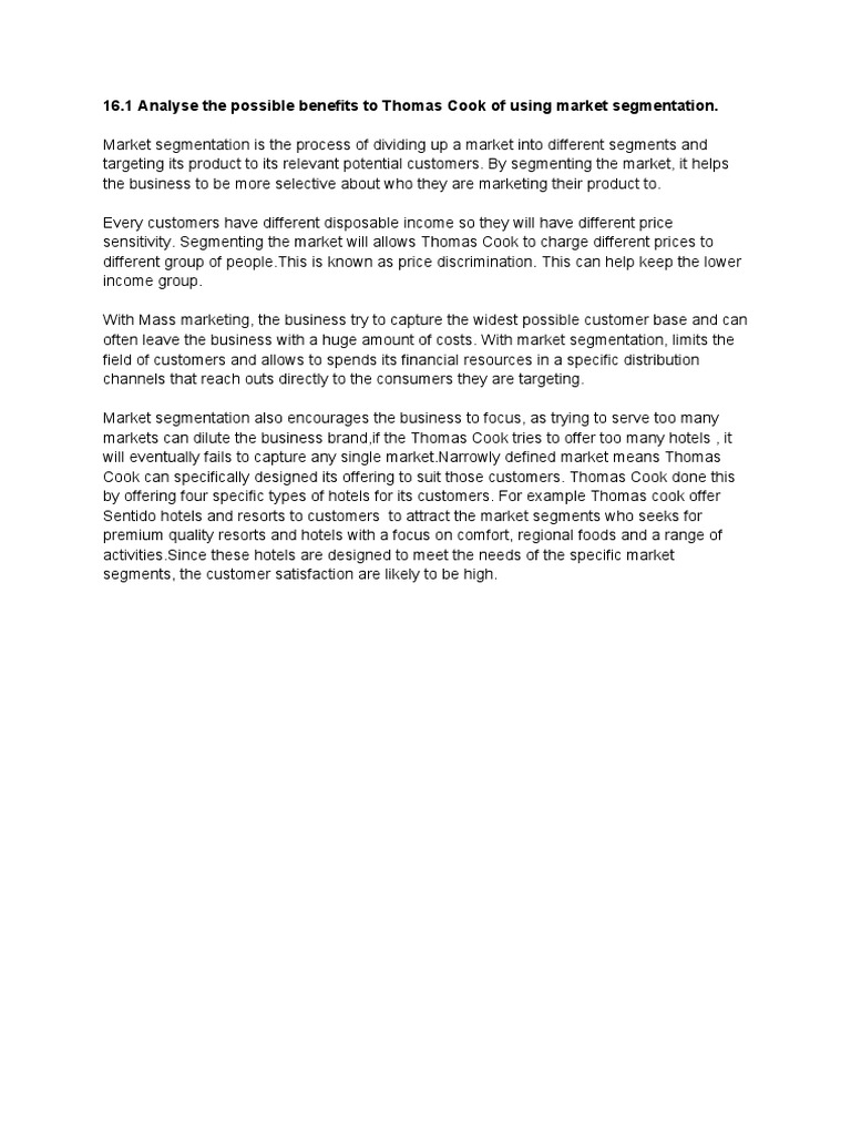 Analyse The Benefits To Thomas Cook of Using Market Segmentation | PDF