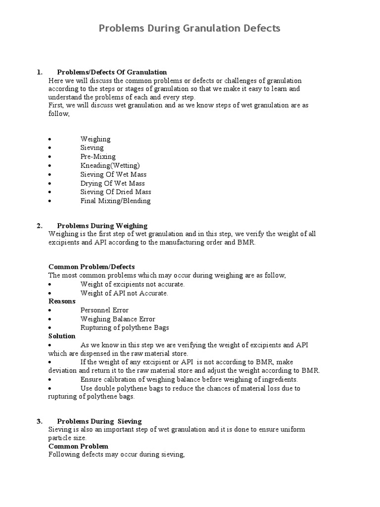Granulation Process: Common Problems & Solutions | PDF | Weight ...