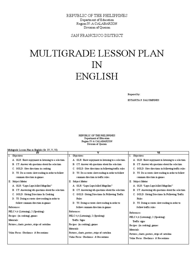 Multi Grade Lesson Plan in English | PDF | Traffic | Foods