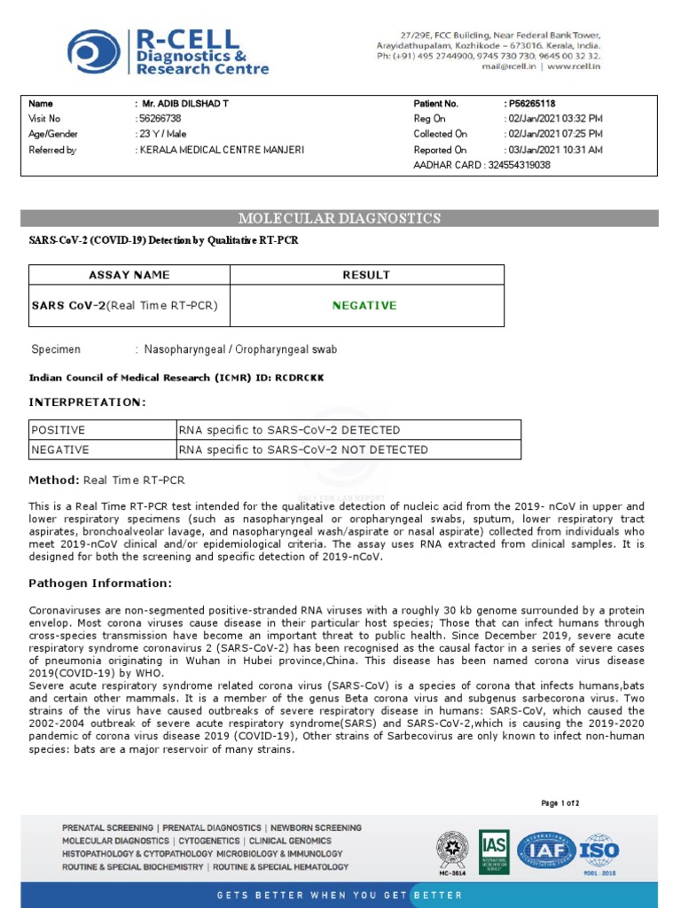 SARS-CoV-2 RT-PCR Test Results | PDF | Infection | Medical Specialties