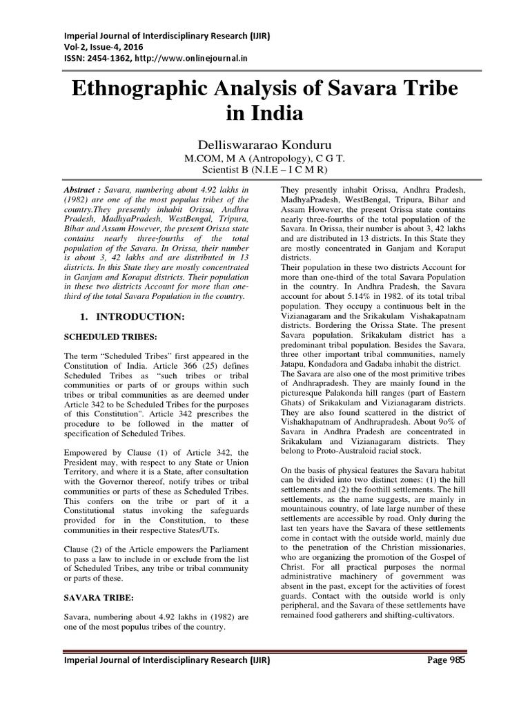 Ethnographic Analysis of Savara Tribe in India: Delliswararao Konduru ...