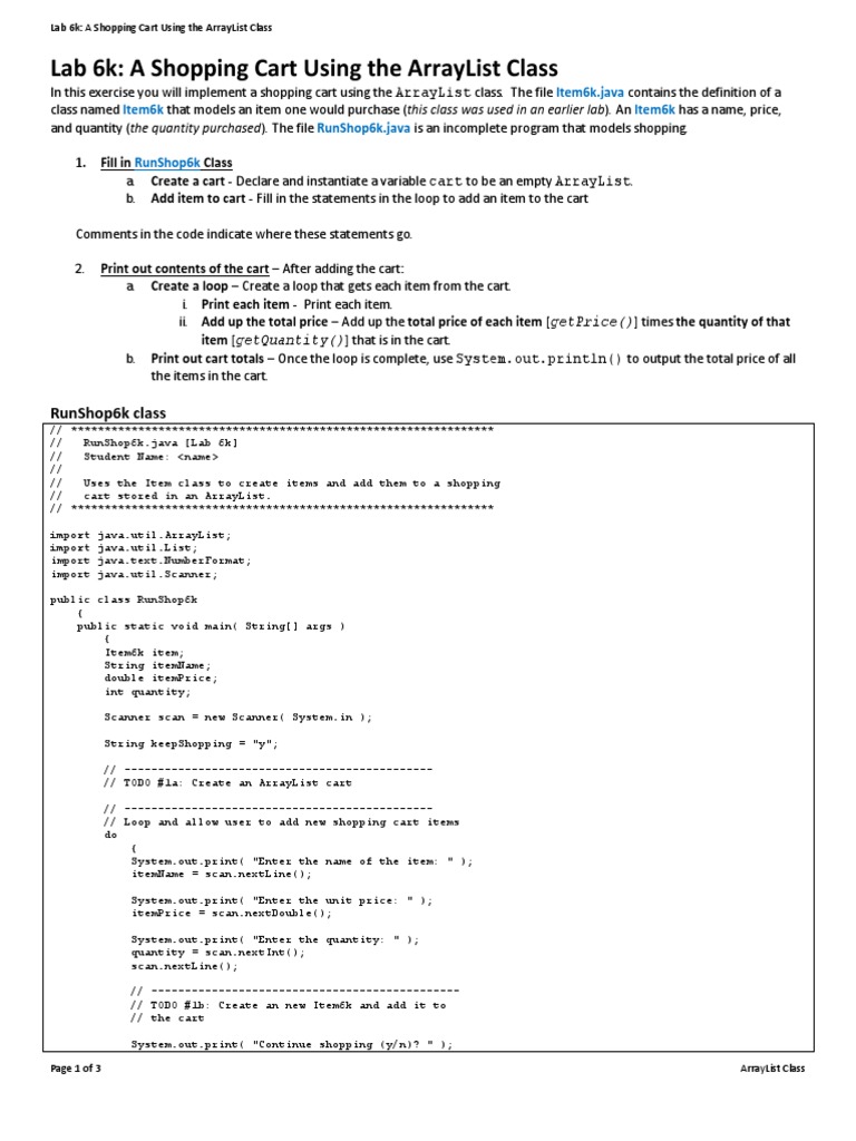 Lab 6k A Shopping Cart Using The ArrayList Class-0 | PDF | Java (Programming Language) | Image ...