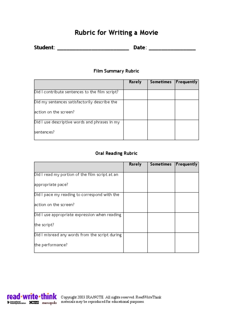 Rubric For Writing A Movie: Student: - Date | PDF