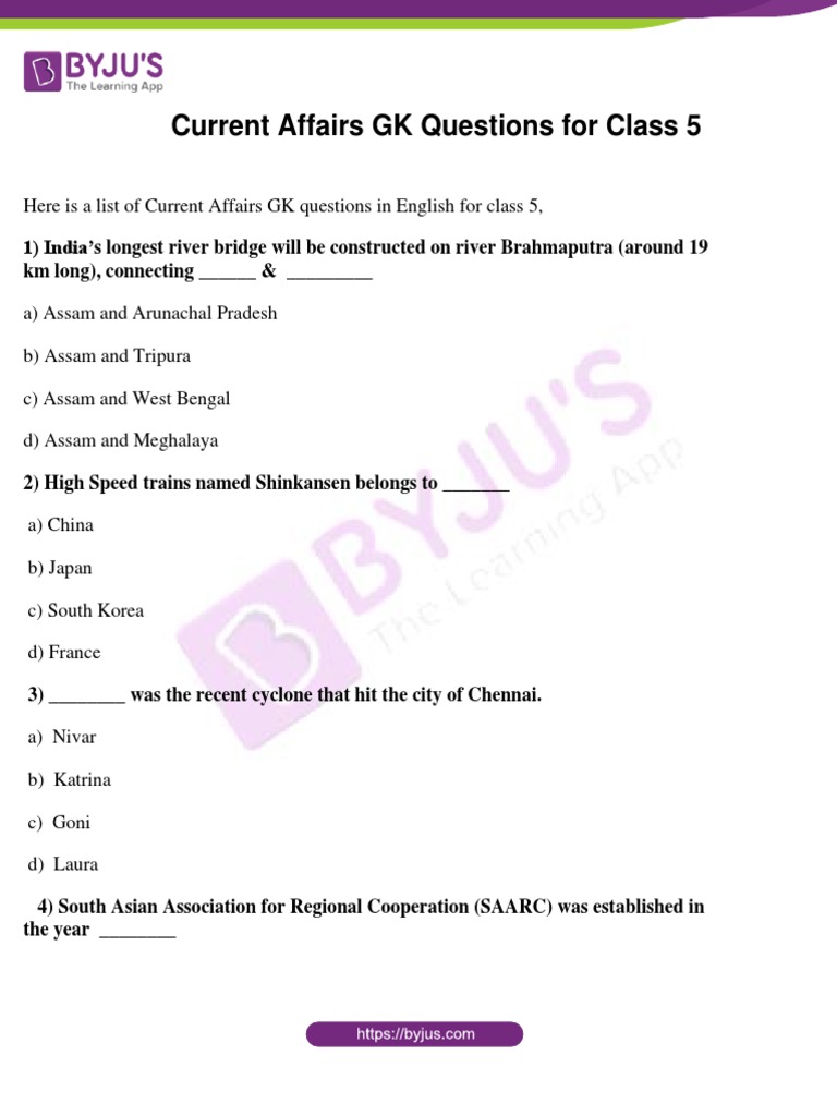Current Affairs GK Questions For Class 5 | PDF