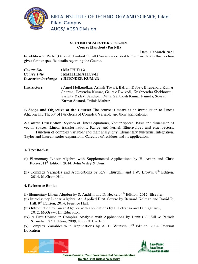 BITS Pilani Math-II Course Handout Covers Linear Algebra and Complex ...