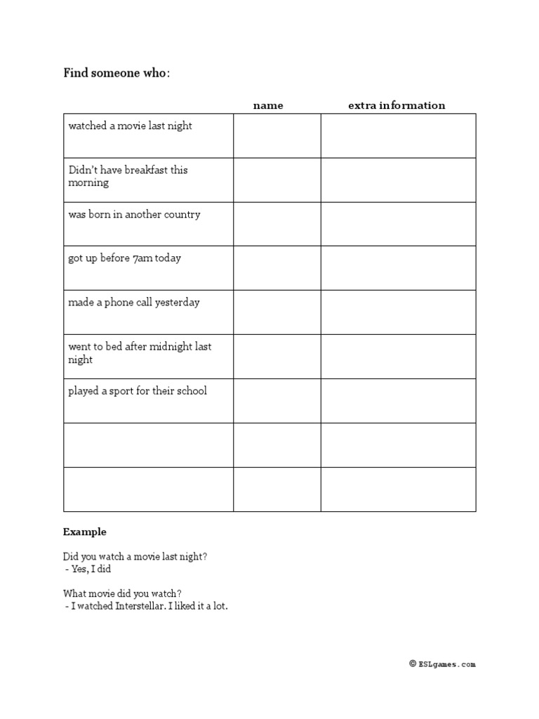 Find Someone Who Past Simple | PDF