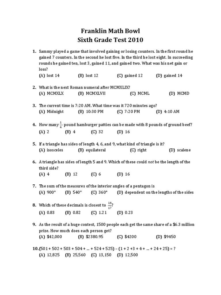 Franklin Math Bowl Sixth Grade Test 2010 | PDF | Triangle | Elementary ...