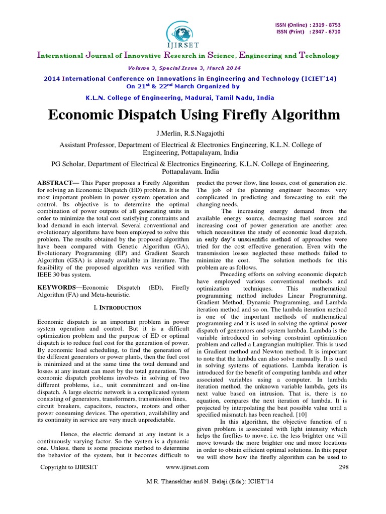 Economic Dispatch Using Firefly Algorithm I J I R S E T Pdf Mathematical Optimization