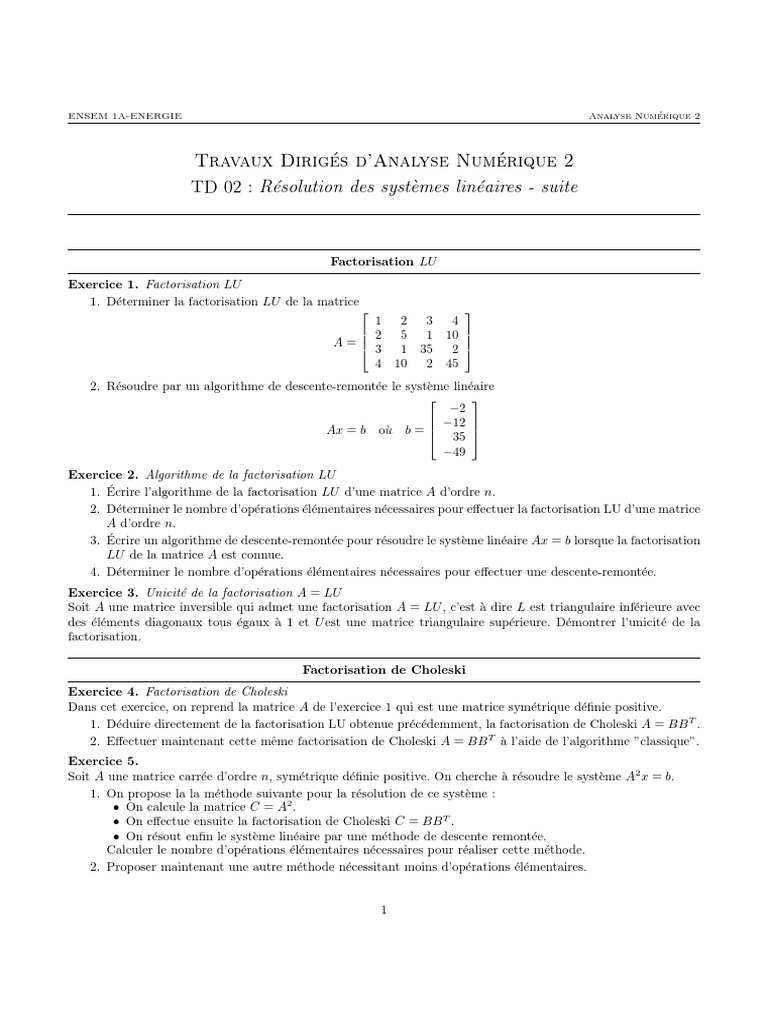 Travaux Dirig Es D'analyse Num Erique 2 TD 02: R Esolution Des Syst' Emes Lin Eaires - Suite ...