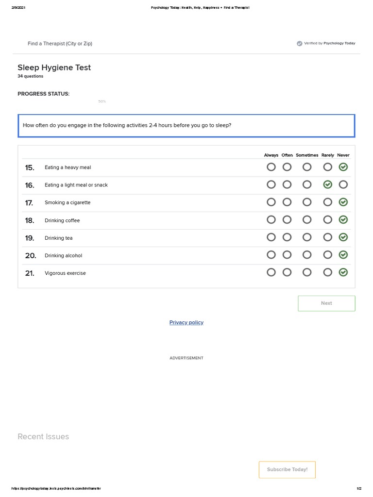 Sleep Hygiene Test: Recent Issues | PDF