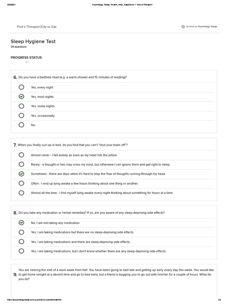 Sleep Hygiene Test: Progress Status | PDF
