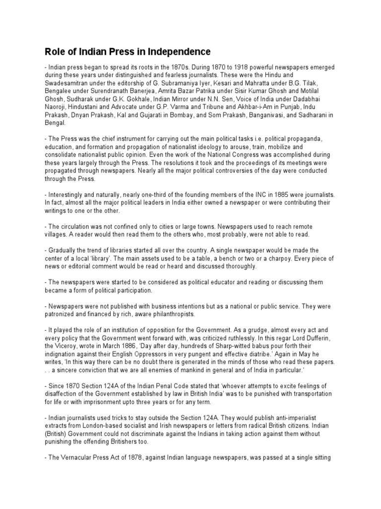 13 Role of Indian Press in Independence | PDF | Newspaper And Magazine