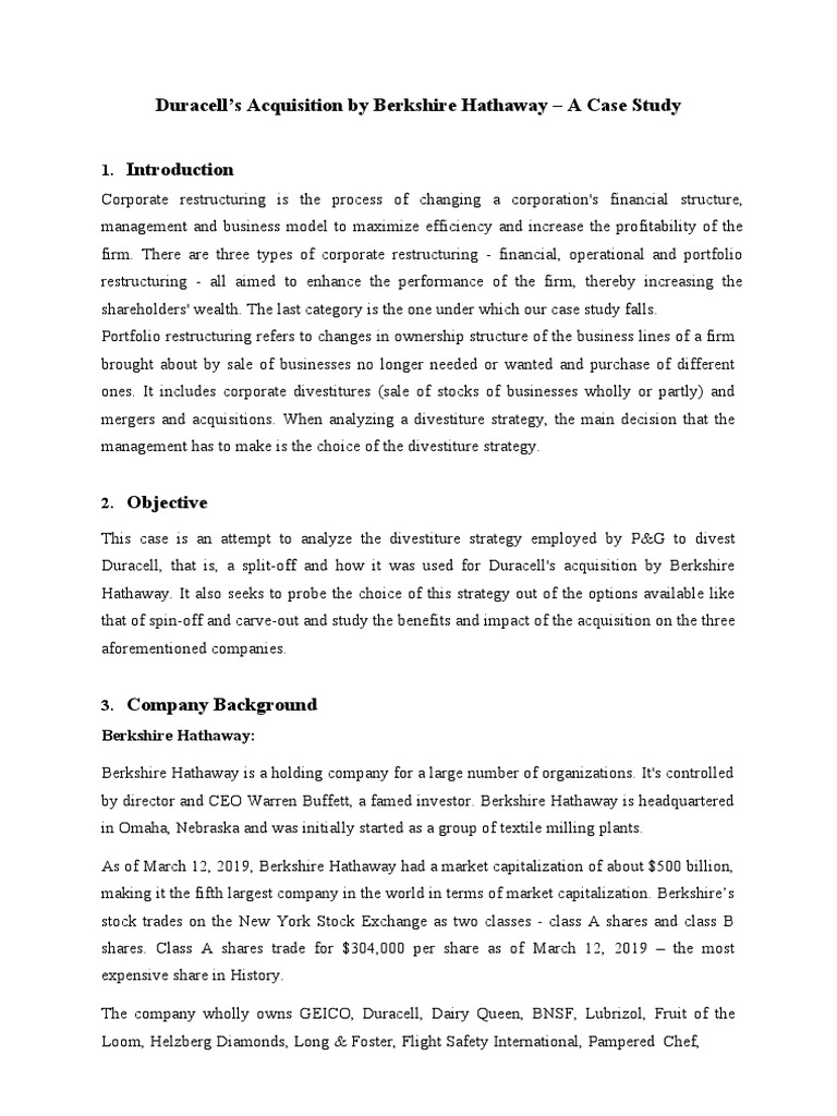 Duracell's Acquisition by Berkshire Hathaway - A Case Study Final | PDF | Berkshire Hathaway ...