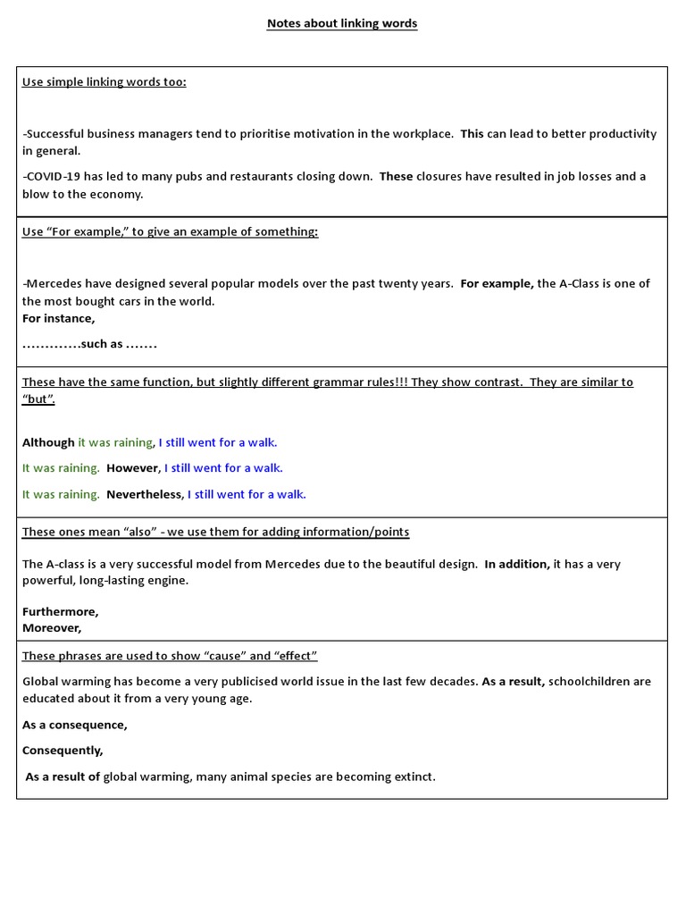 Notes About Linking Words | PDF