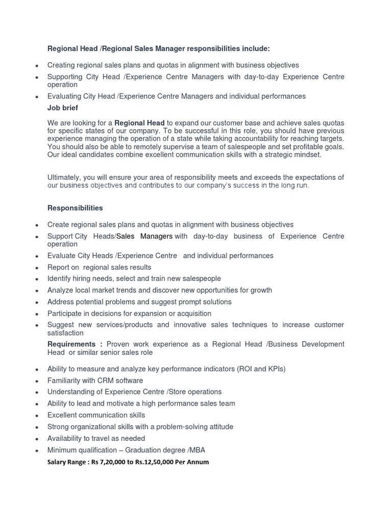 Regional Head Job Description | PDF