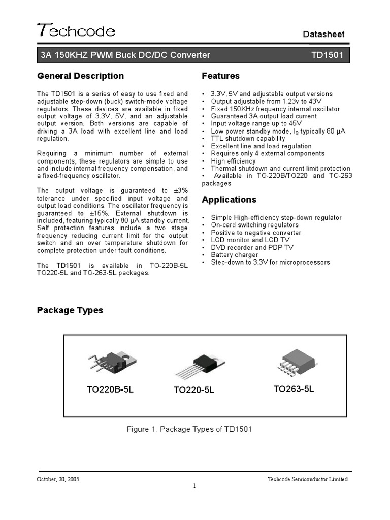 General Description Features: 3A 150Khz PWM Buck DC/DC Converter Td1501 | PDF | Capacitor ...