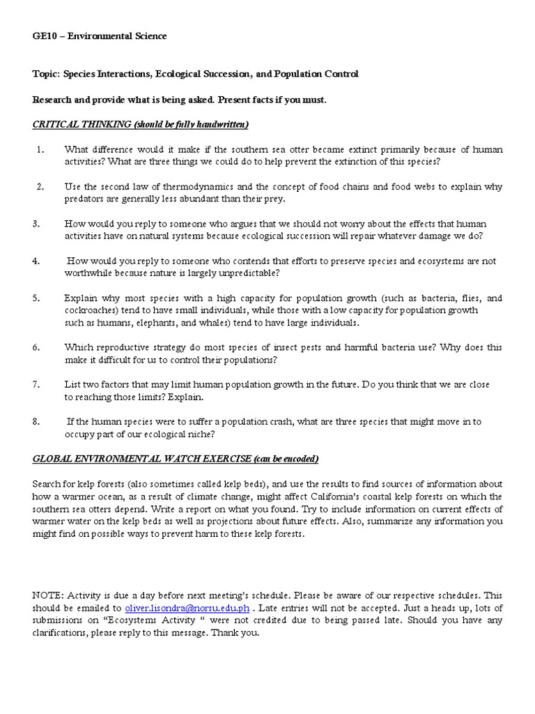 Species Interactions Ecological Succession and Population Control ...