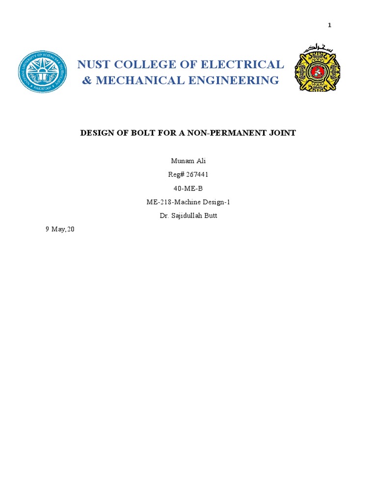 Nust College of Electrical & Mechanical Engineering: Design of Bolt For ...
