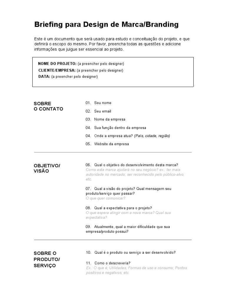 Modelo de Briefing Marca e Identidade Visual Des1gnON | PDF | Marca | Facebook