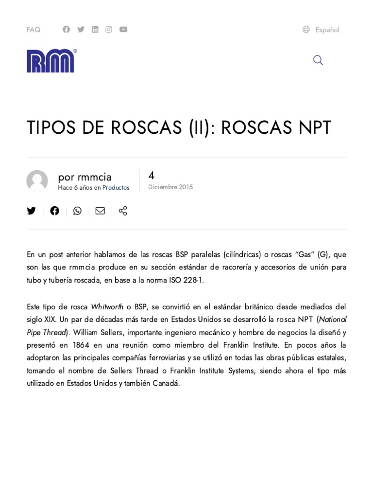 Tipos de Roscas (II) - Roscas NPT Productos Blog RMMCIA | PDF | Science ...