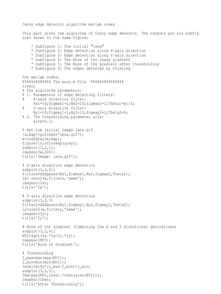 Canny Edge Detector Algorithm Matlab Codes | PDF | Graphics | Algorithms