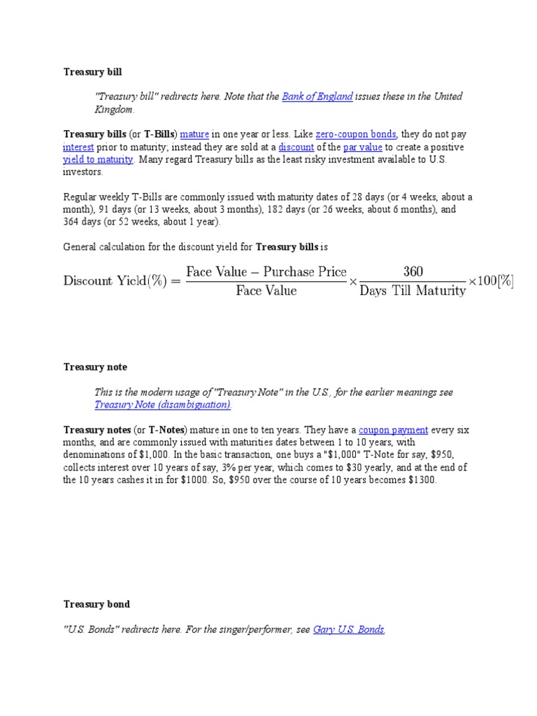 Bank of England: "Treasury Bill" Redirects Here. Note That The Issues ...