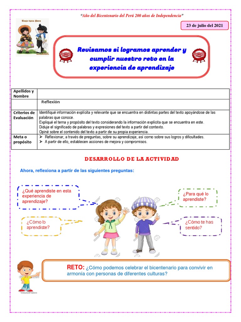 Actividad 5 Semana 3 Día 5 Ficha de Revisamos Si Logramos Aprender y Cumplir El Reto | PDF ...
