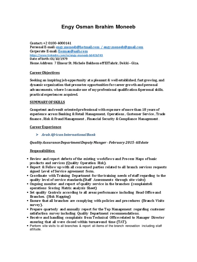 Engy Osman Ibrahim Moneeb: Career Objectives | PDF | Regulatory ...