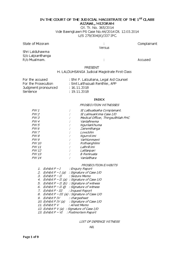 In The Court of The Judicial Magistrate of The 1 Class Aizawl, Mizoram ...