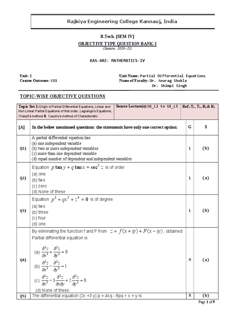 REEC Kannauj PDE Question Bank | PDF | Partial Differential Equation | Equations