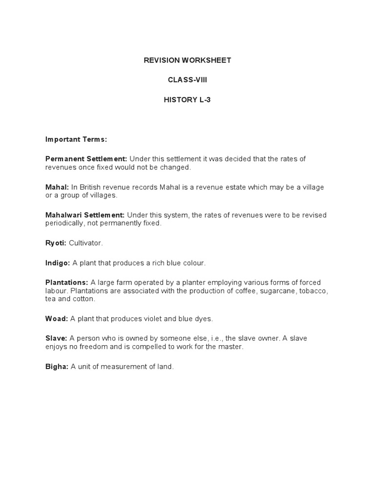 Class 8 Revision Worksheet L 3 History | PDF | Plantation | Agriculture